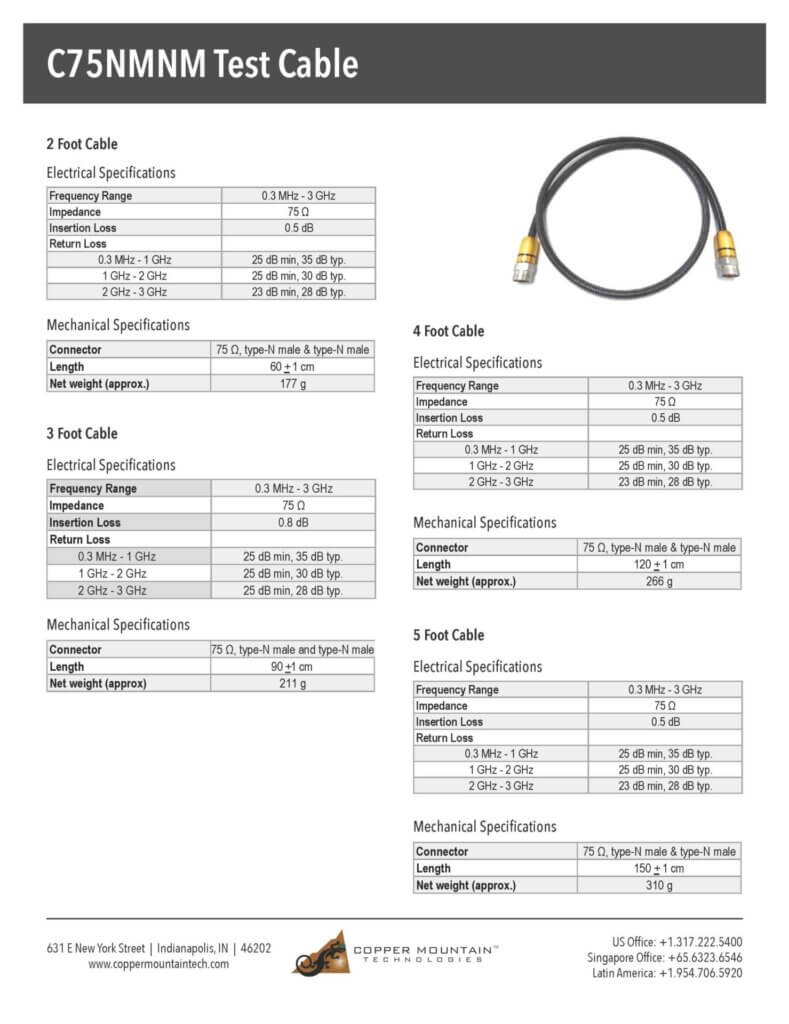 C75NMNM Test Cable Data Sheet - DKM - Copper Mountain Technologies
