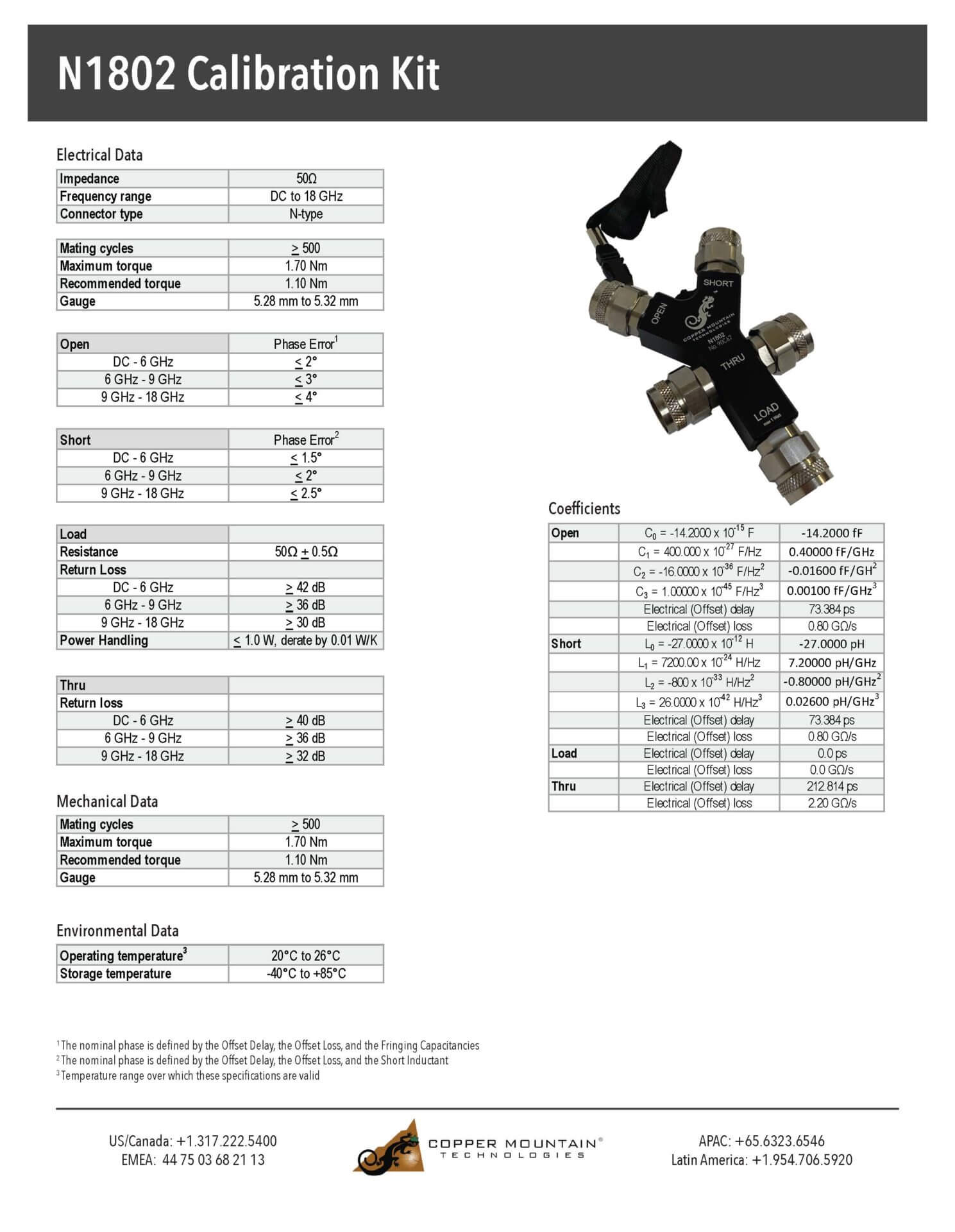 N1802 Calibration Kit Data Sheet - DKM - Copper Mountain Technologies